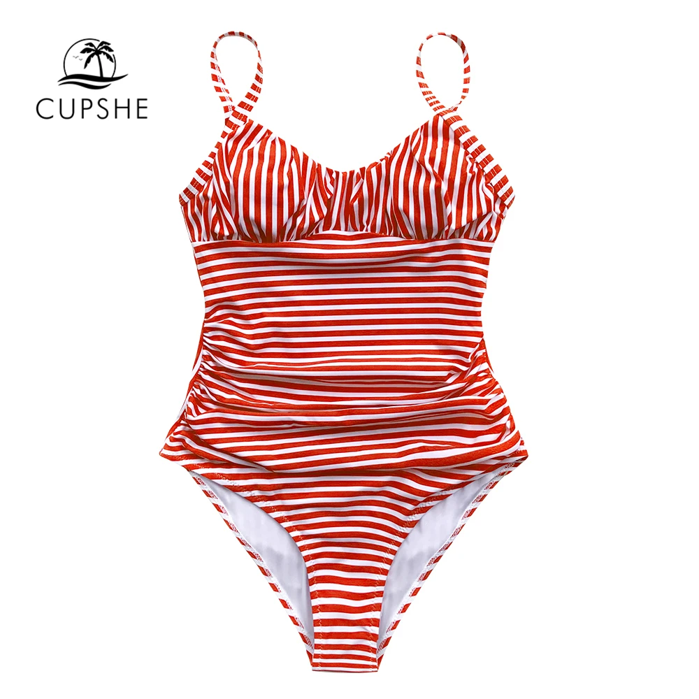 Cupshe Red And White Stripe Ruching One Piece Swimsuit Women Sexy