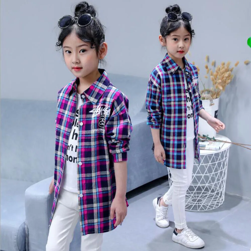 Girls back printed plaid shirt 2018 autumn new children's clothing kids ...