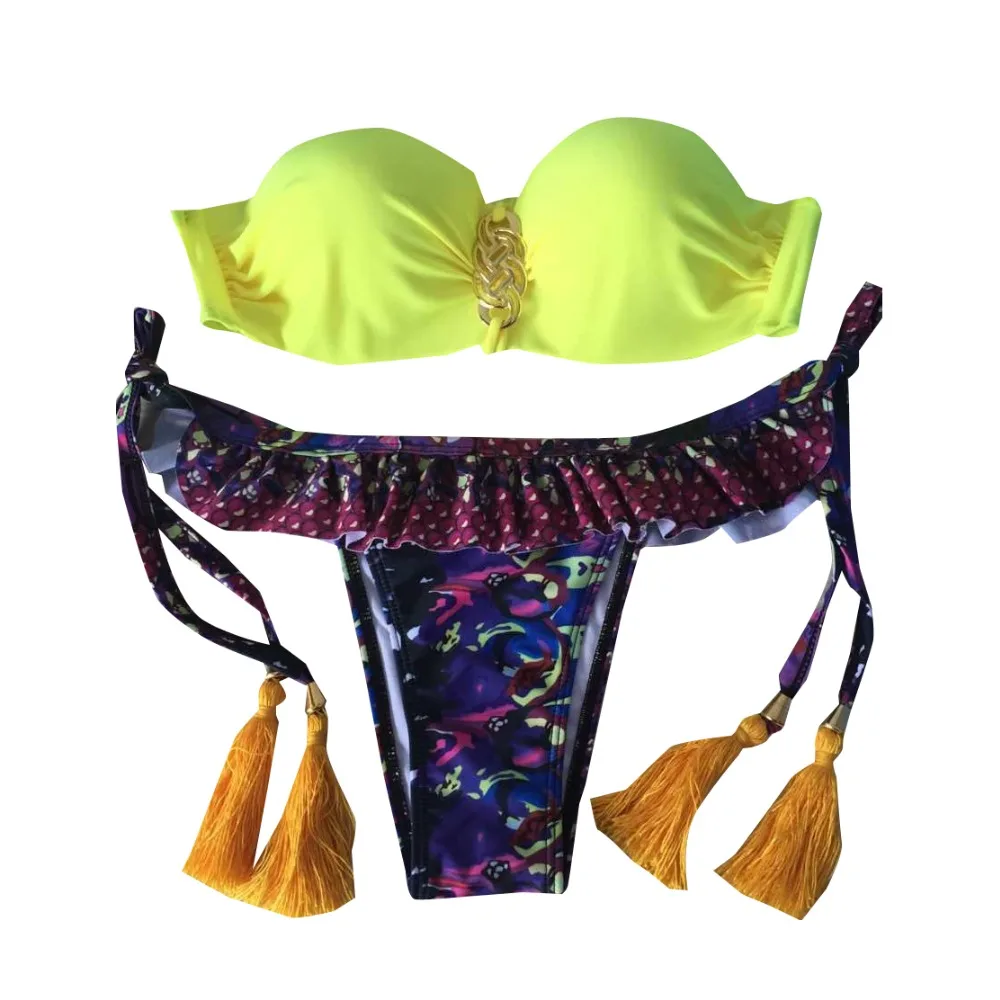 2016 Padded Push Up Bandeau Bikini Metallic Yellow Swimsuit Tassel
