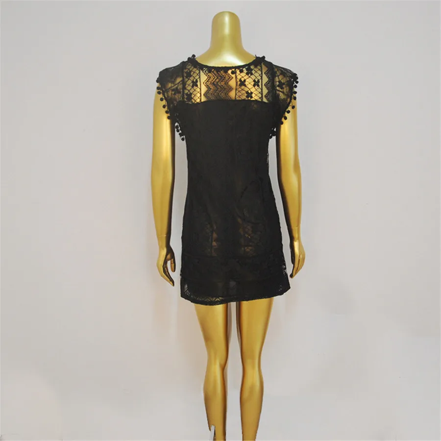 White Lace Sleeveless O Neck Sexy Hollow Out Mini Dress