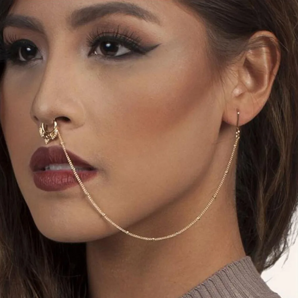 1pc Crescent Swirls Setpum Ear To Nose Chain Non Pierced Nose Ring Body Jewelryear To Nose