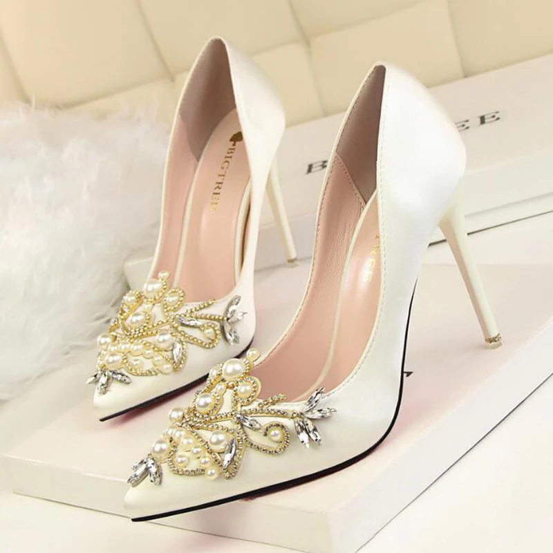 Sext String Bead Ladies Party Shoes Crystal Pointed Toe Solid Women High Heels Elegant Design