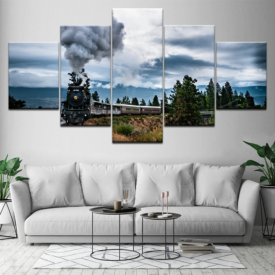Canvas Painting Funny Train Steam Wall Art Pictures 5 Pieces Modular ...