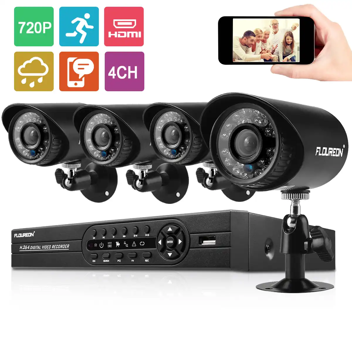 FLOUREON CCTV Security Camera system 8CH 5in1 1080N AHD DVR 4 pcs ...