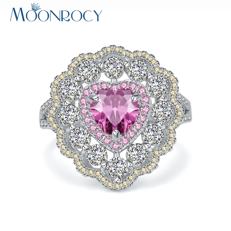 MOONROCY Cor Prata CZ Cubic Zirconia Anéis de Casamento Rosa de Cristal ...