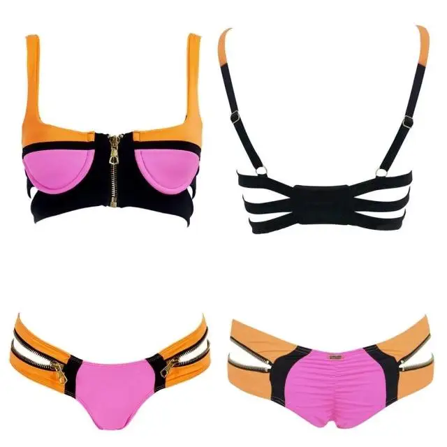 Zipper Bikini Set Patchwork Bikini Femmes Push Up Sport Bra Top