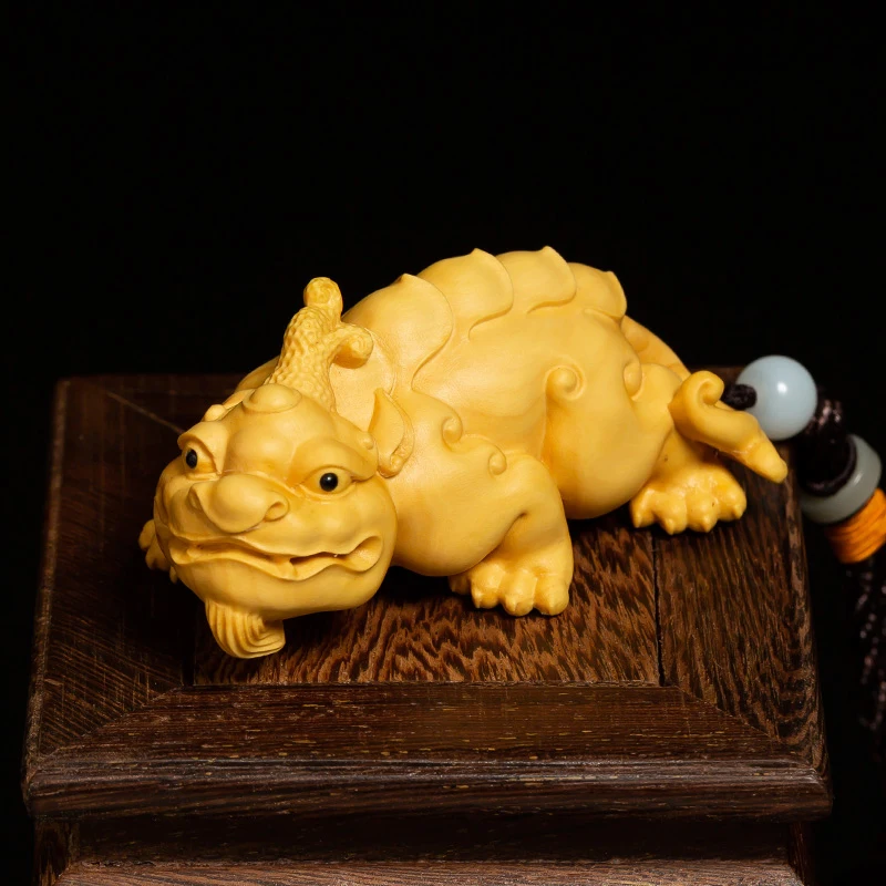 Unicorn Pixiu Wood Animals Statues Buxus Carving With Rope Lucky Feng ...