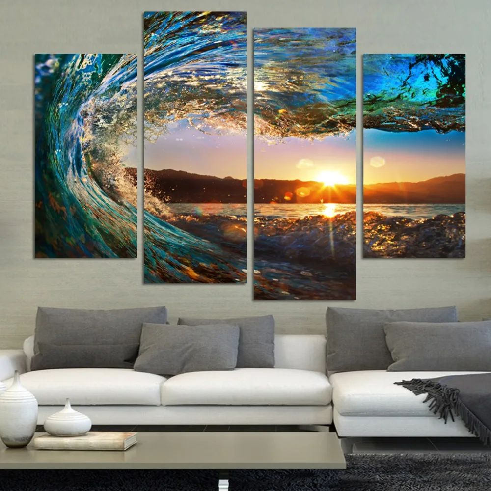 4 pieces Modern Seascape Painting Canvas Art HD Sea Wave Landscape Wall ...