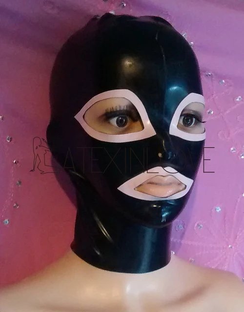 Sexy Black Latex Zip up Hood Latex Rubber Gummi Mask with White Trim ...