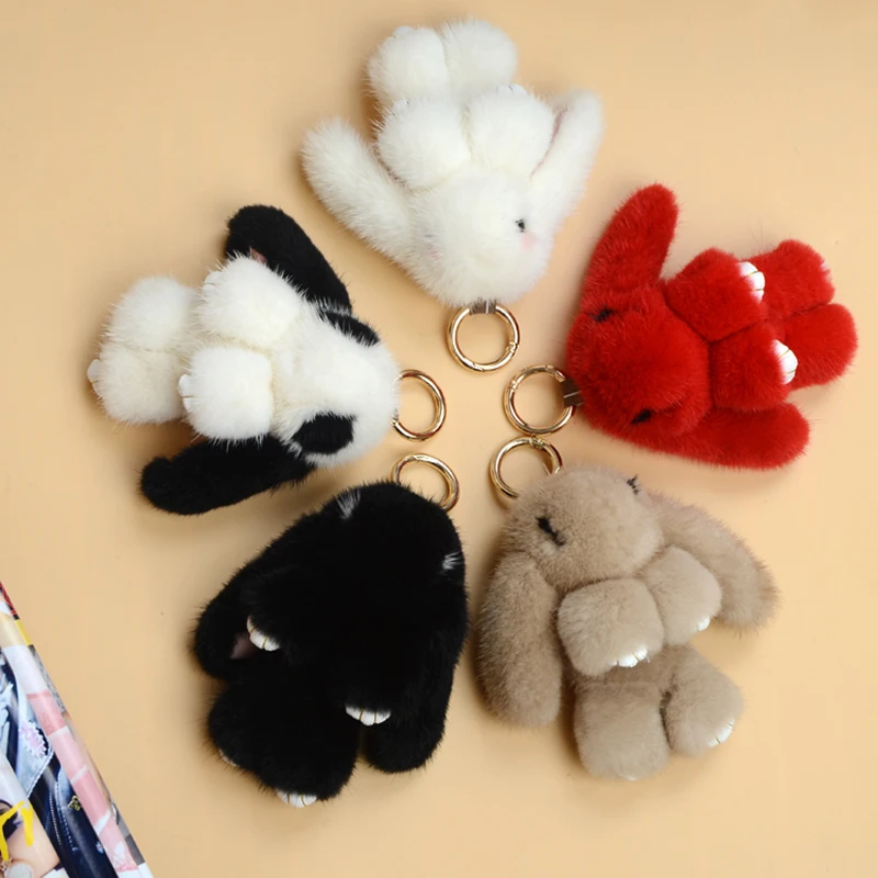 Mini rabbits keychain mink fur girl real 8cm bunny keychain key chains ...