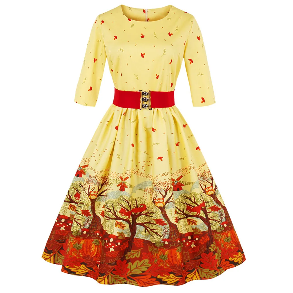 Sovalro Autumn Spring Maple Leaf Print Vintage Women Dress Retro