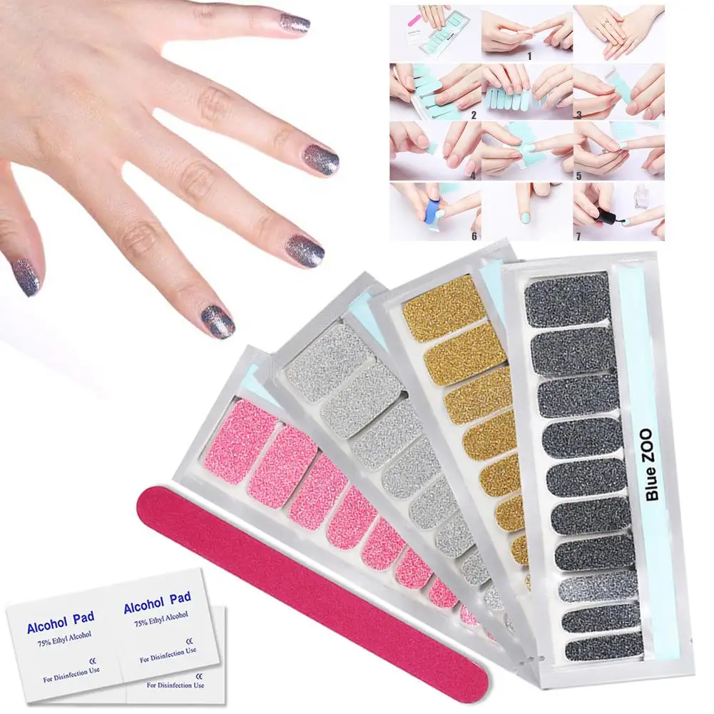 4 Sheets Nail Stickers Strips Pure color Shine Full Wraps Nail Art ...