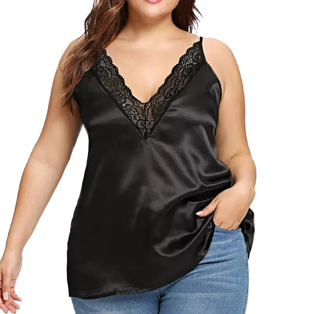 2019 Women Casual Tops V Neck Sleeveless Plus Size Solid Lace Tank Tops