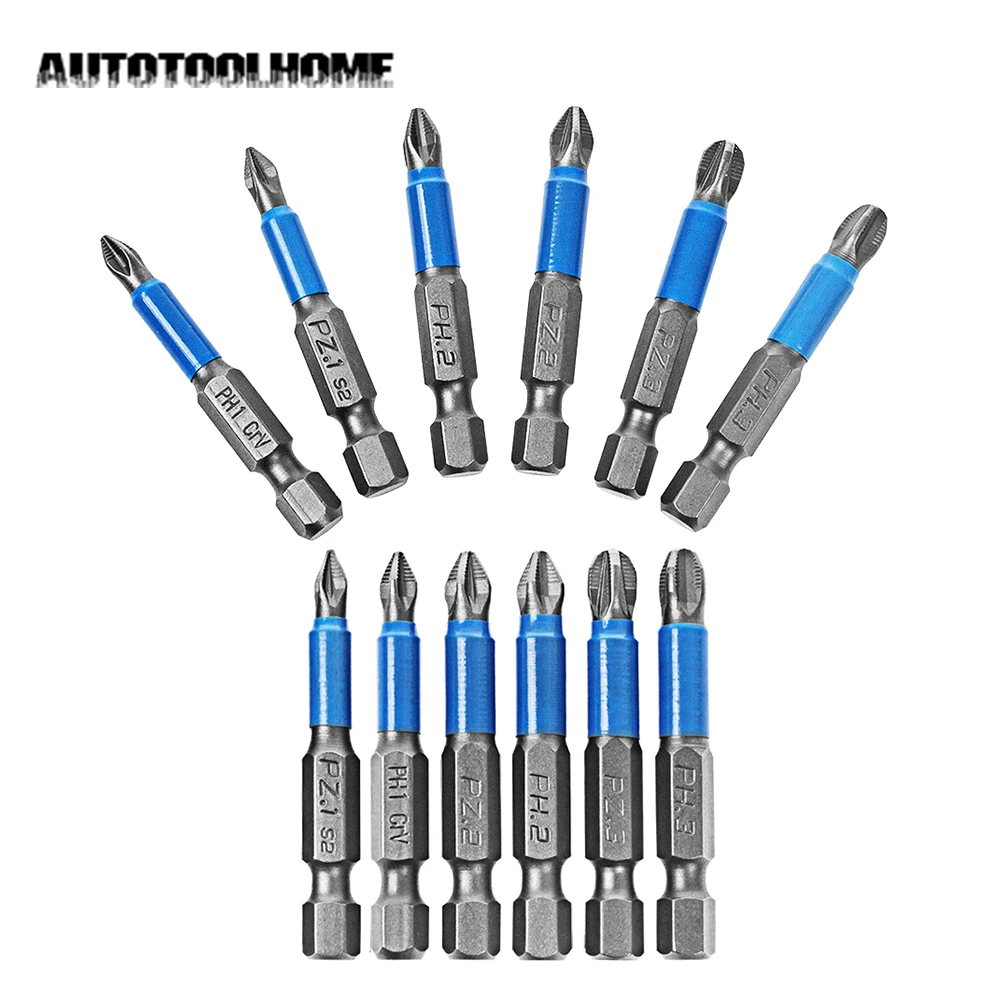 12Pcs Screwdriver Bits Set 50mm PH1 PH2 PH3 PZ1 PZ2 PZ3 Anti slip with Magnetic 1/4" Hex Shank ...