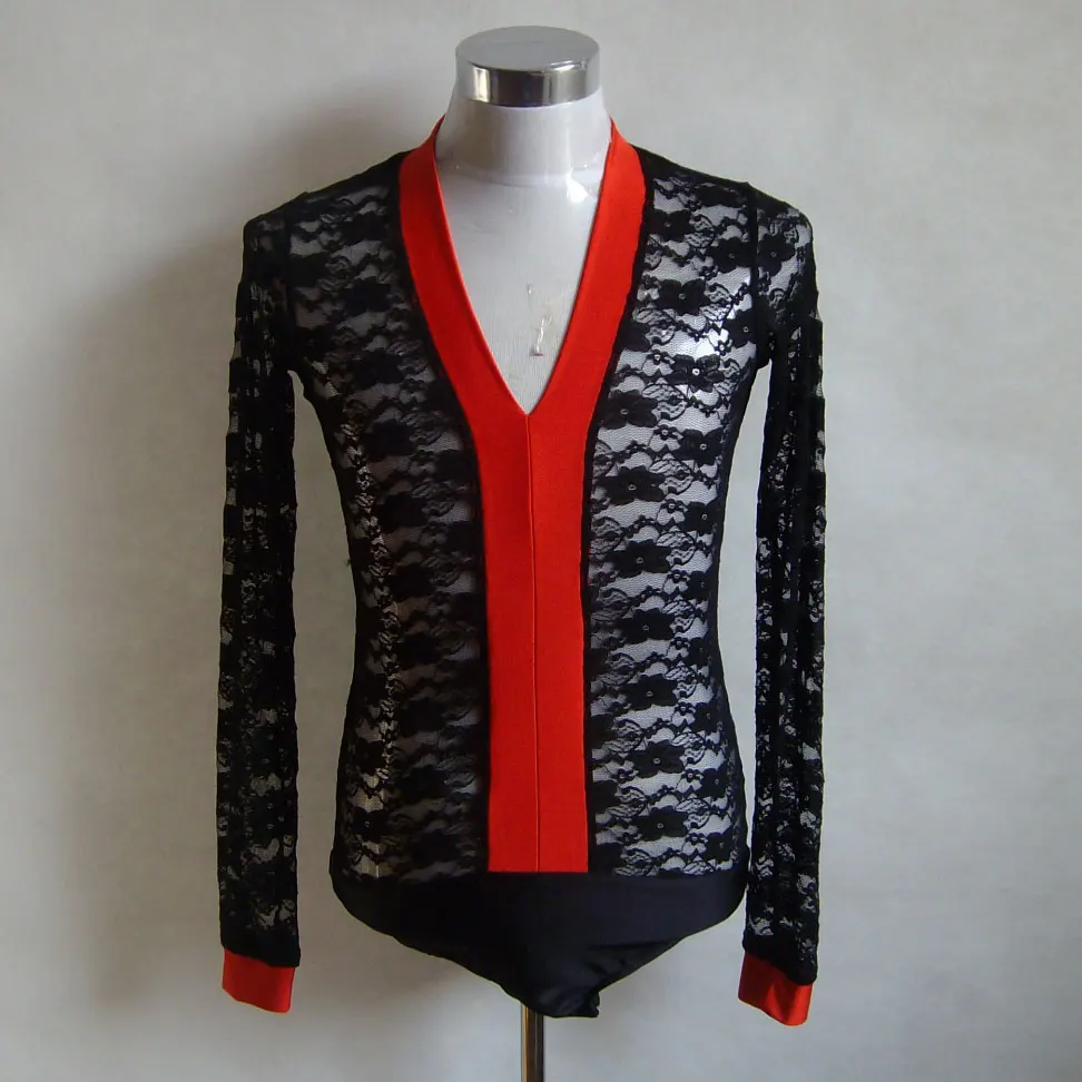 V neck Men ballroom Latin body shirt rhinestone long sleeve black lace ...