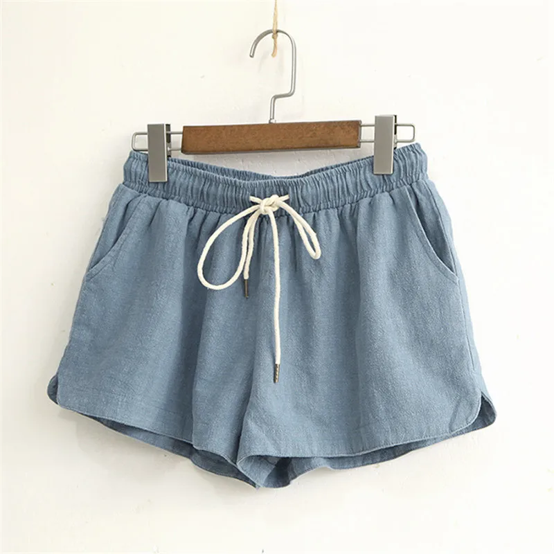 2017 New Elastic Waist Lace Up Shorts Women Summer Loose Cotton Linen