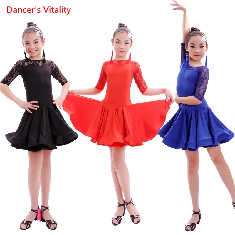 Girls' Latin Dance Performance Dress Half Sleeve Lace Dress Children ...