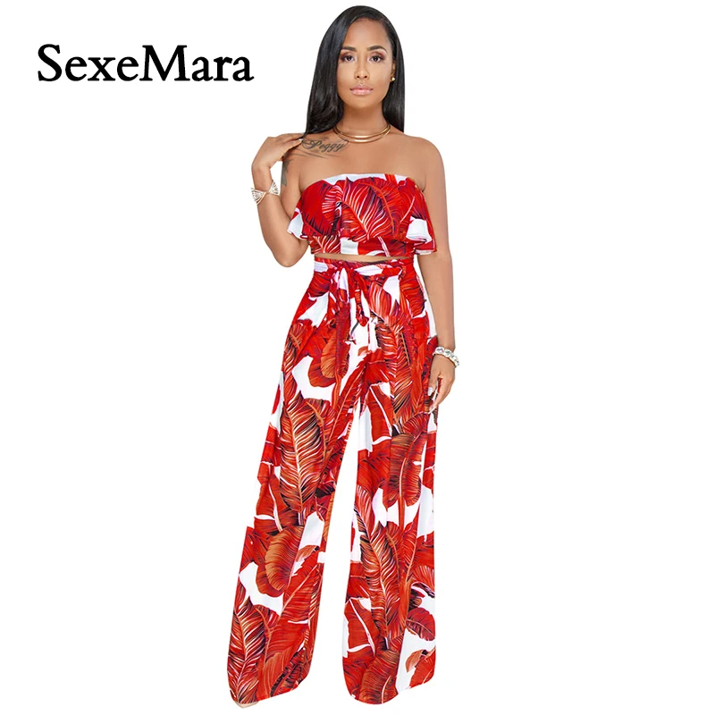 Sexemara Bohemian Two Piece Set Women Ruffles Crop Top Lace Up Wide Leg