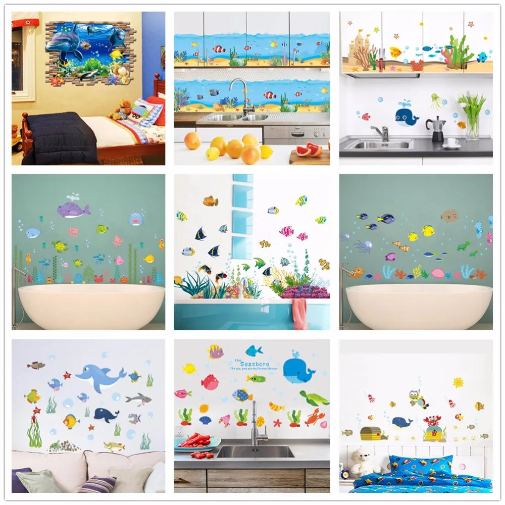 % Underwater Fish Starfish shark Wall Sticker Kids Rooms Cartoon ...