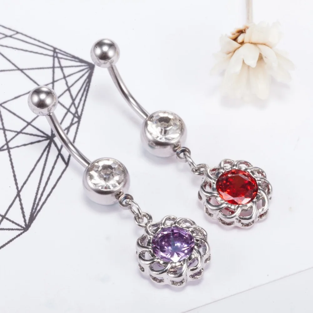 Red/Purple Alloy Crystal Flower Dangle Navel Piercing Belly Bar Button ...