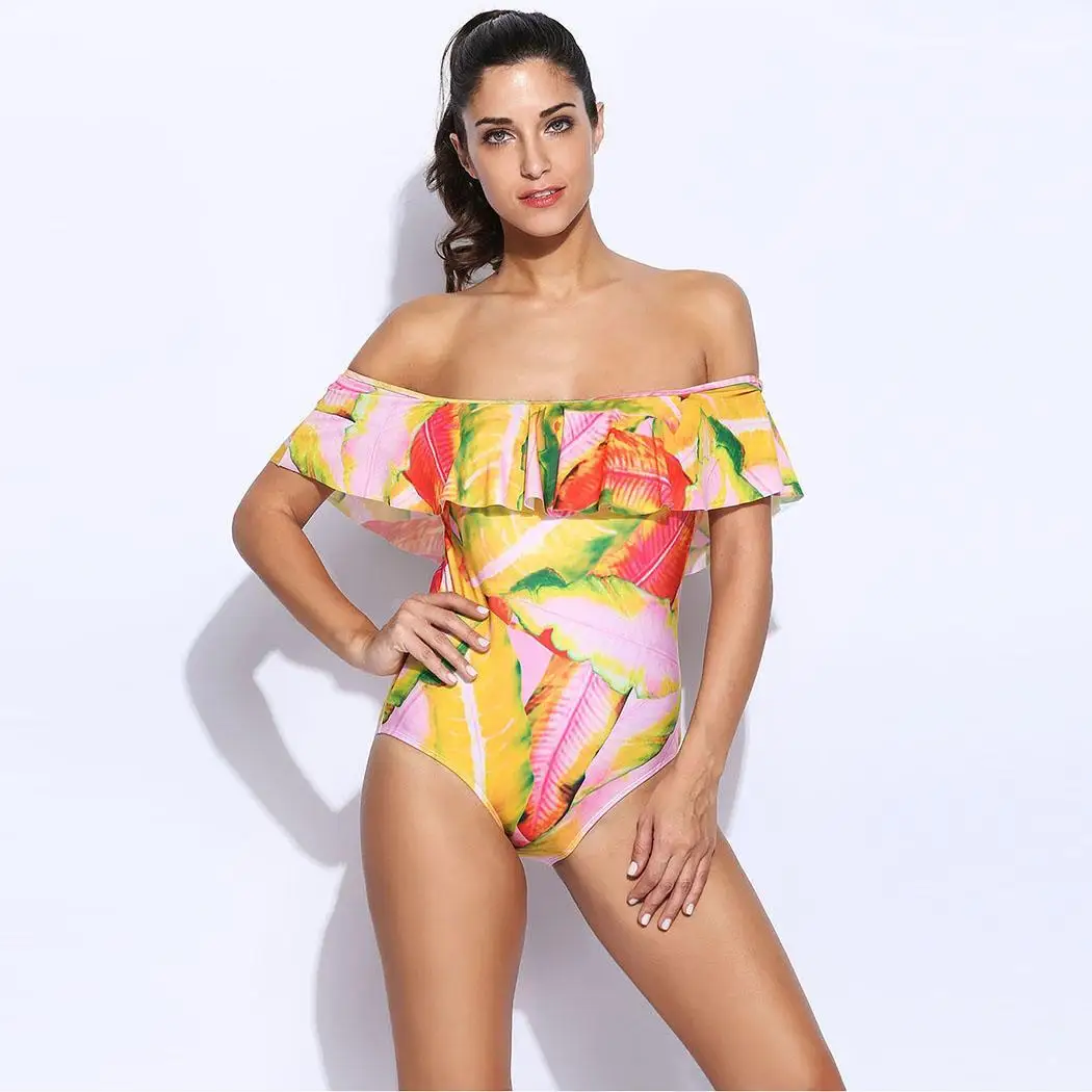 Piece Shoulder One Floral Women Swimsuit Swimwear Sexy Ruffle Print Off