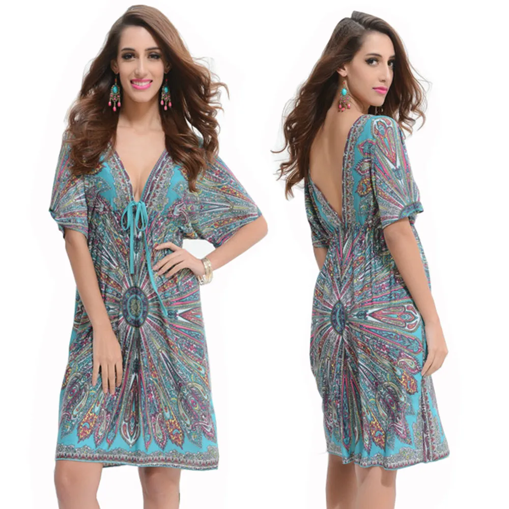 New 2017 Summer Dress Short Sleeve Sexy Deep V Neck Beach Dress Floral