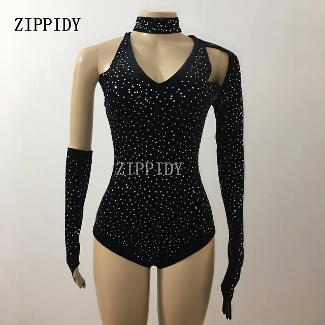 Glisten Full Rhinestone One Sleeve Sexy Women Shining Bodysuit Flashing