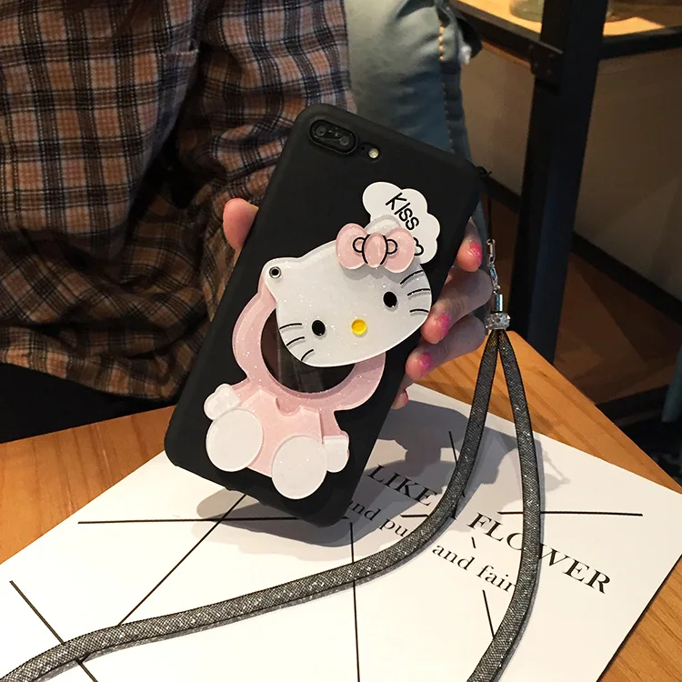 Hello Kitty Cat Cartoon Mirror Matte Soft Phone Cases With Strap ...
