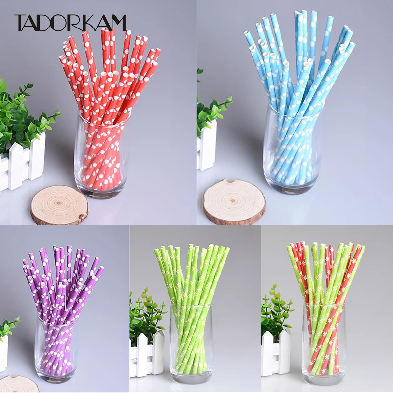 25pcs Lot Paper Straws With Purple Colorful Dot Flowers For Birthday