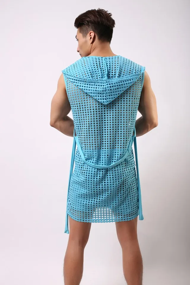 Gay Men Sexy Mesh Sleeveless Hooded Robe - Queerks™