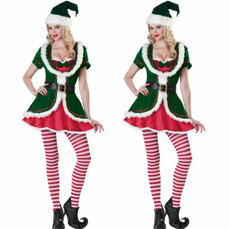 New Hot Christmas Cosplay Elf Costume Sexy Green And Red Dress Belt