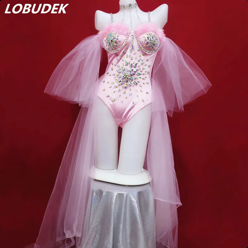 Buy Sparkly Crystals Pink Feathers Bodysuit Sexy Women