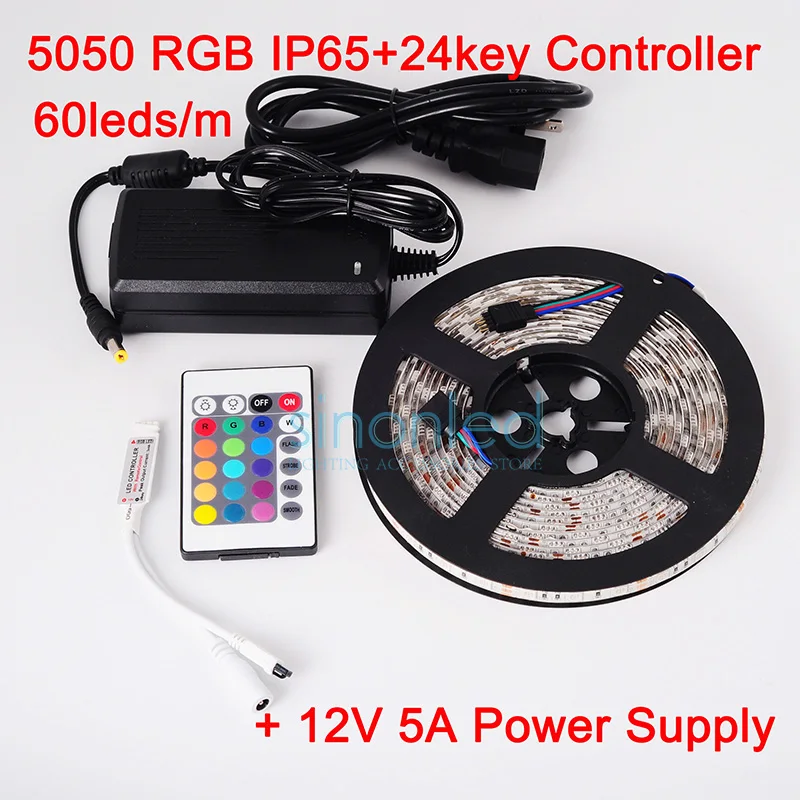 5M RGB SMD 5050 Waterproof 60LEDs/M DC12V LED Flexible Strip 300 LEDs+ ...