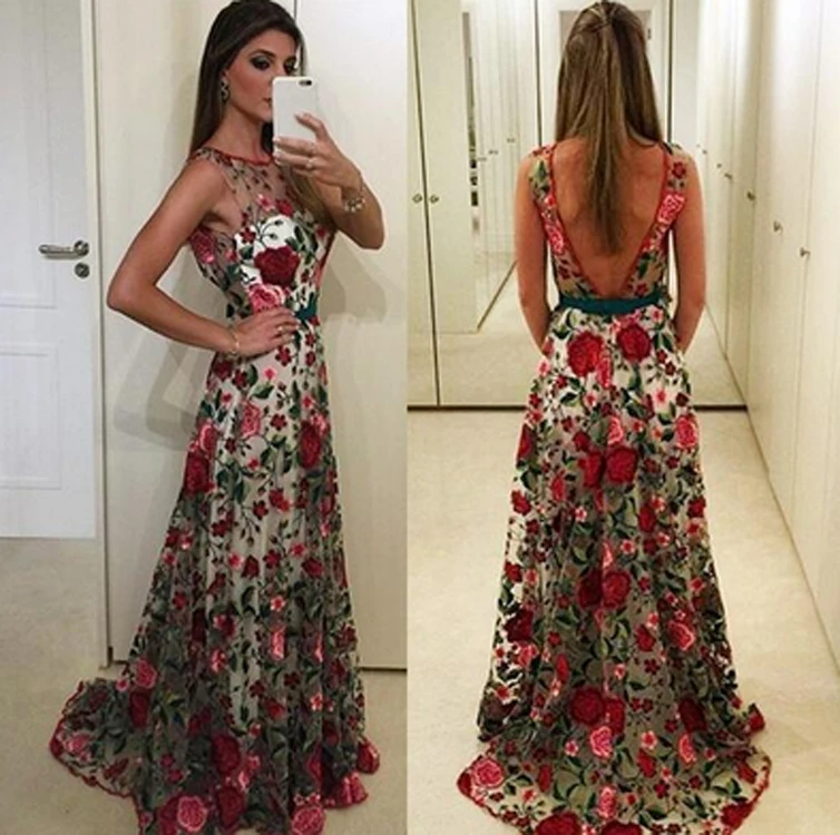 WLKE Vintage Aumentou Bordado Malha Floral Maxi Mulheres Vestido Sem ...