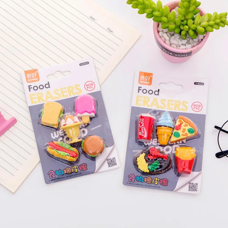 Cartoon Fast Food Rubber Eraser Set, Novelty Mini Erasers Burger Pizza ...