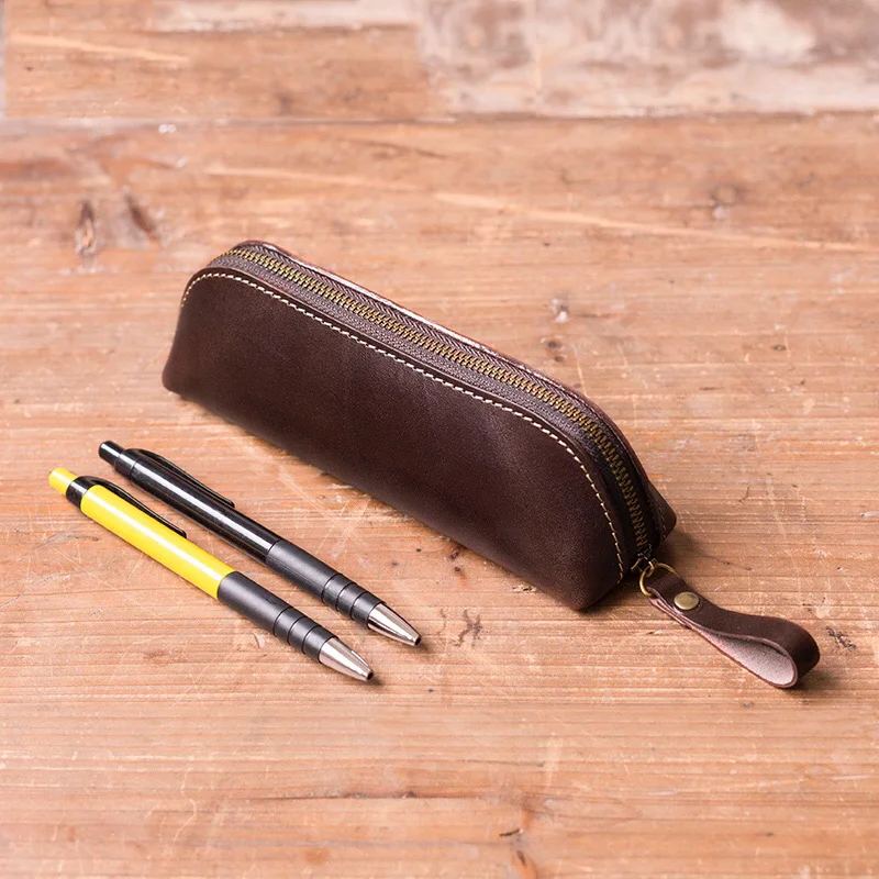 Genuine Leather Simple Style Pen Pencil Case Holder Box Bag Storage ...
