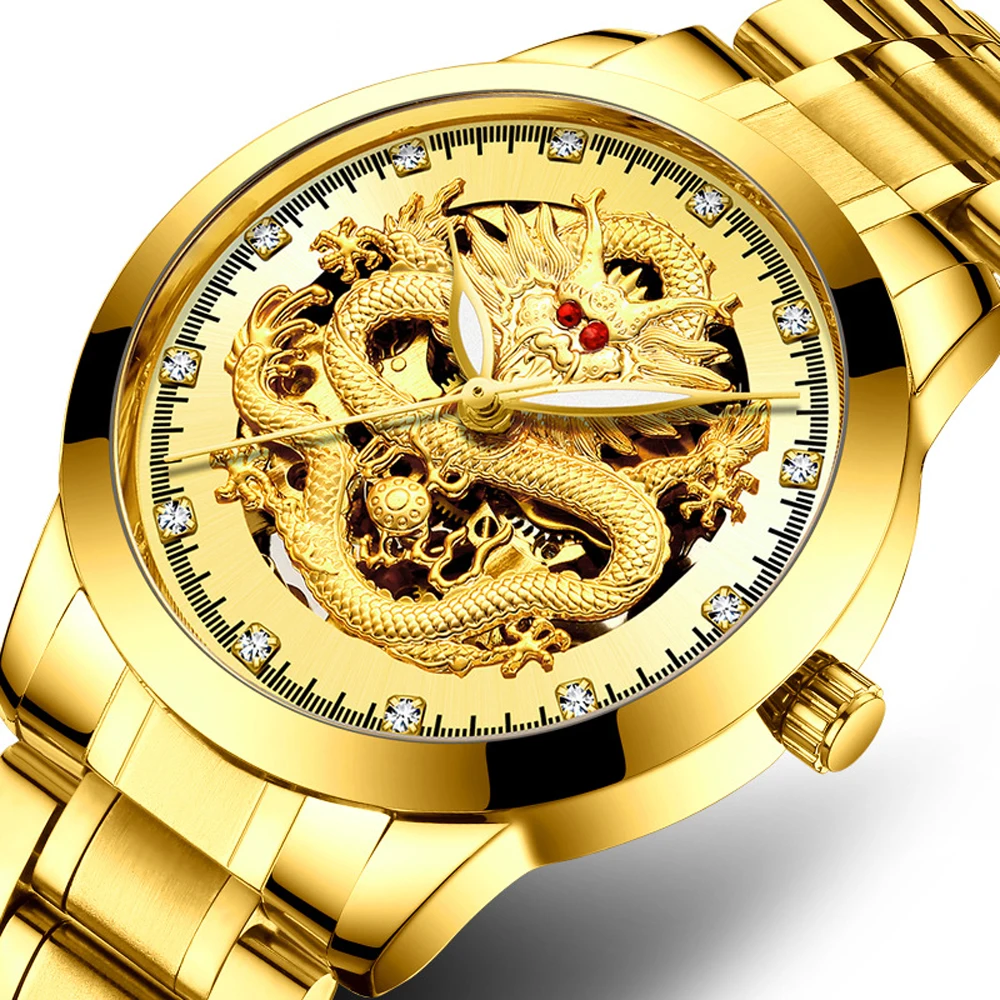 Gold Dragon Watch Men Stainless Steel Waterproof Luxury Diamond ...