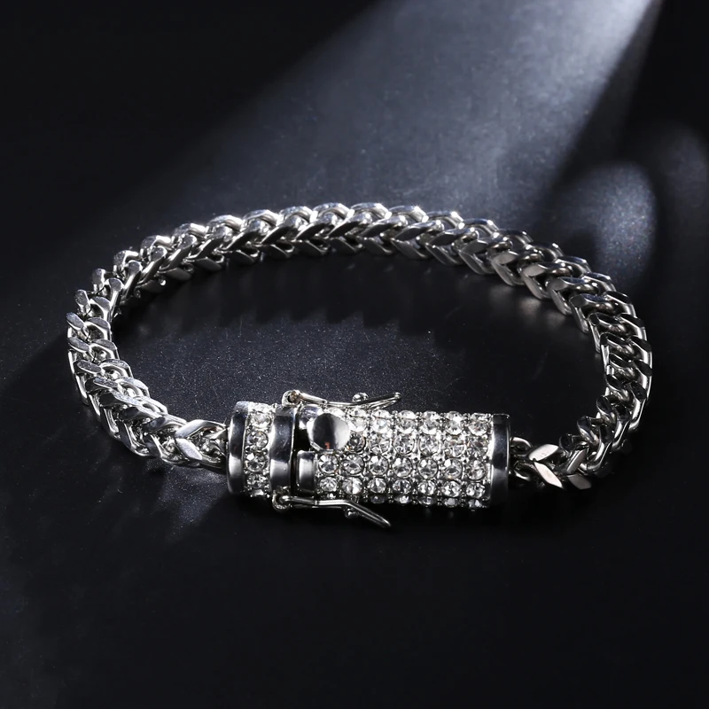 Hip Hop Rapper Bracelet Bling Iced Out Rhinestone Clasp Gold Stainless ...