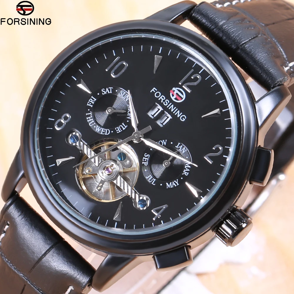 2018 Forsining Tourbillion Fashion Wave Black Clock Multi Function ...