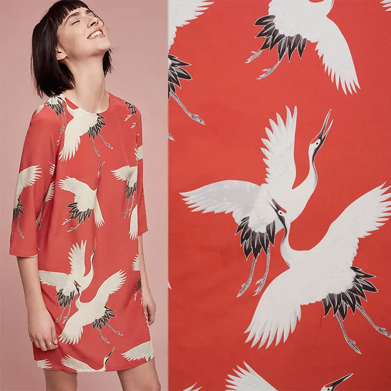 Red-crowned Crane Pattern Vintage Fabric Retro Style Fabric Silk-like ...