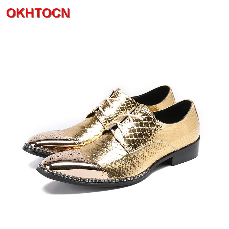 OKHOTCN Gold Leather Lace Up Men Oxford Shoes Snake Pattern Men's Party ...