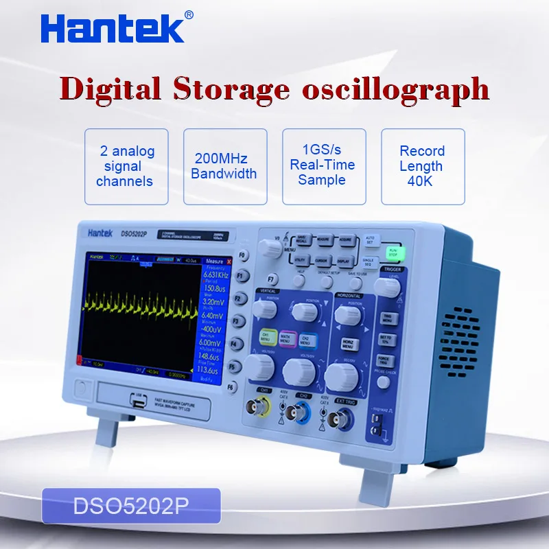Hantek DSO5202P 디지털 오실로스코프 200MHz 2 채널 1GSa/s 7 "TFT LCD 기록 길이 40K USB ...
