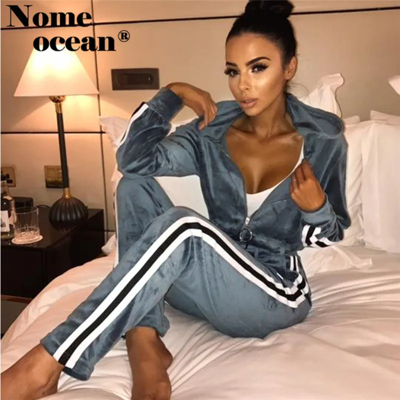 Striped Velvet Tracksuits Two Pieces Set Top And Pants Long Sleeve Womens Sets Hooded Suits