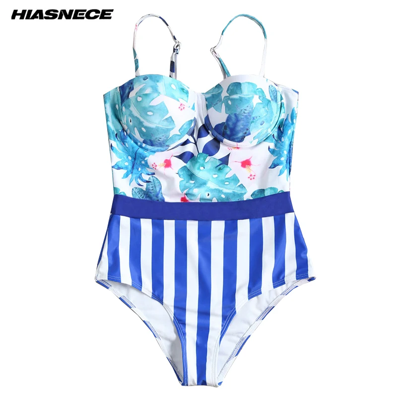 Sexy V Neck Push Up One Piece Swimsuit Underwire Leaves And Striped