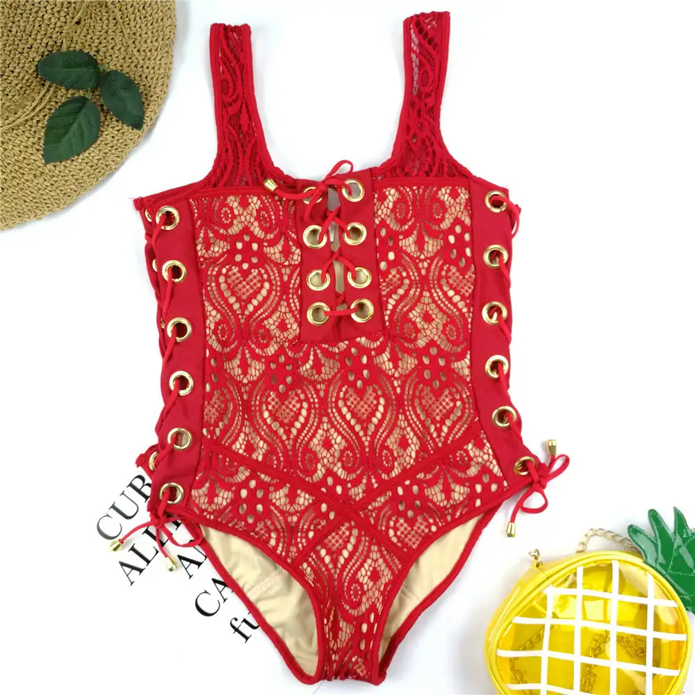 Sexy Mesh One Piece Swimsuit Lace Floral Swimwear Women Bandage ...