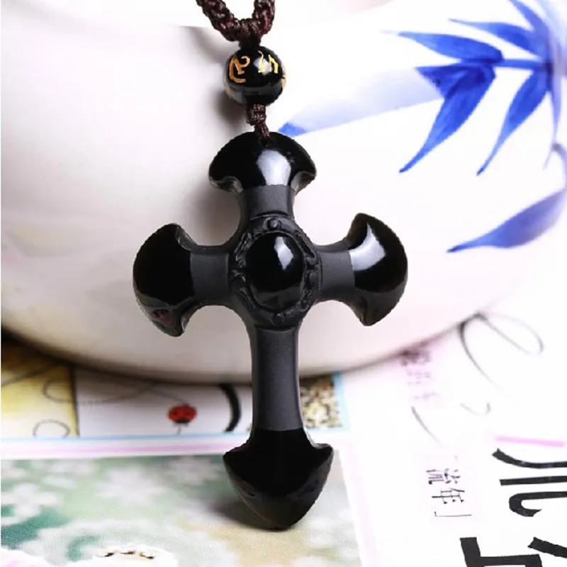 FENGASHOUW A natural Matte Black Obsidian Cross Pendant Pendant Charm ...