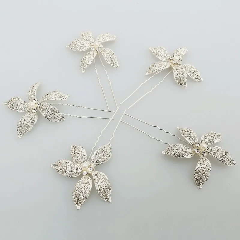Dower Me Handmade Rhinestone Silver Hair Pins Wedding Headwear Flower