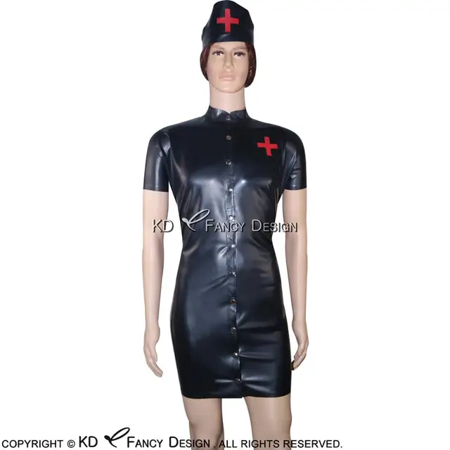 Black With Red Cross Sexy Latex Nurse Uniform Sets Rubber Dress With