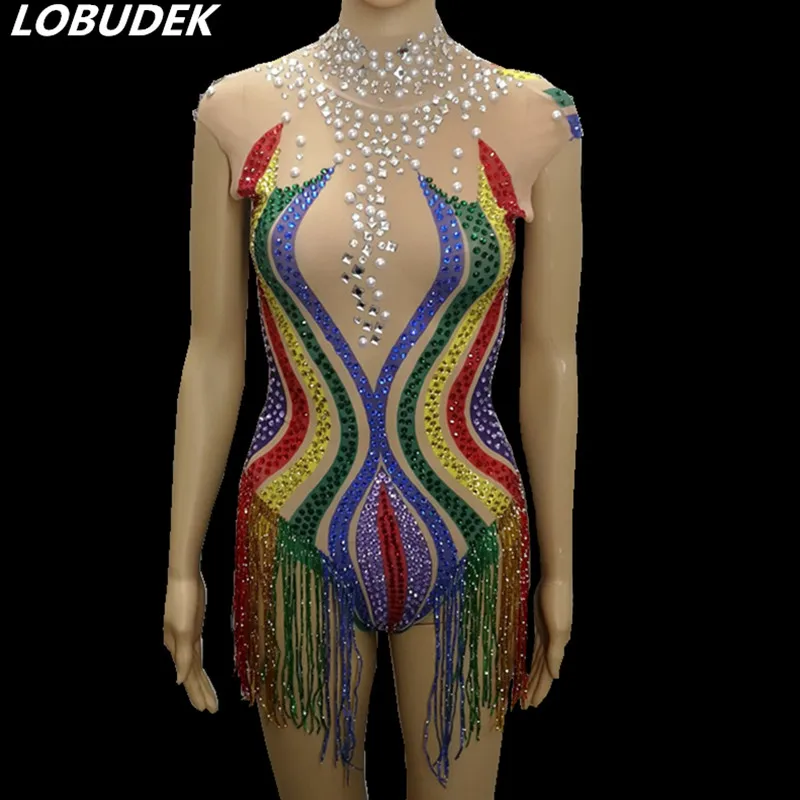 Rainbow Color Stripe Rhinestones Bodysuit Sexy See Through Crystals