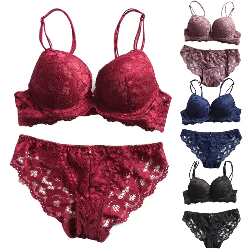 Deep V Neck Thickening Womens Push Up Bra With Underwear Set Sexy Lace